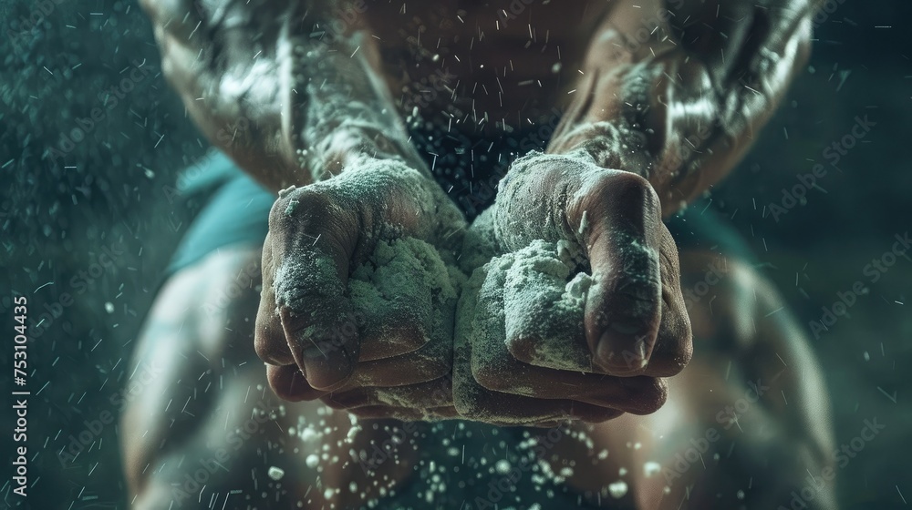 A close-up of a bodybuilder's hands as they chalk up before lifting ...