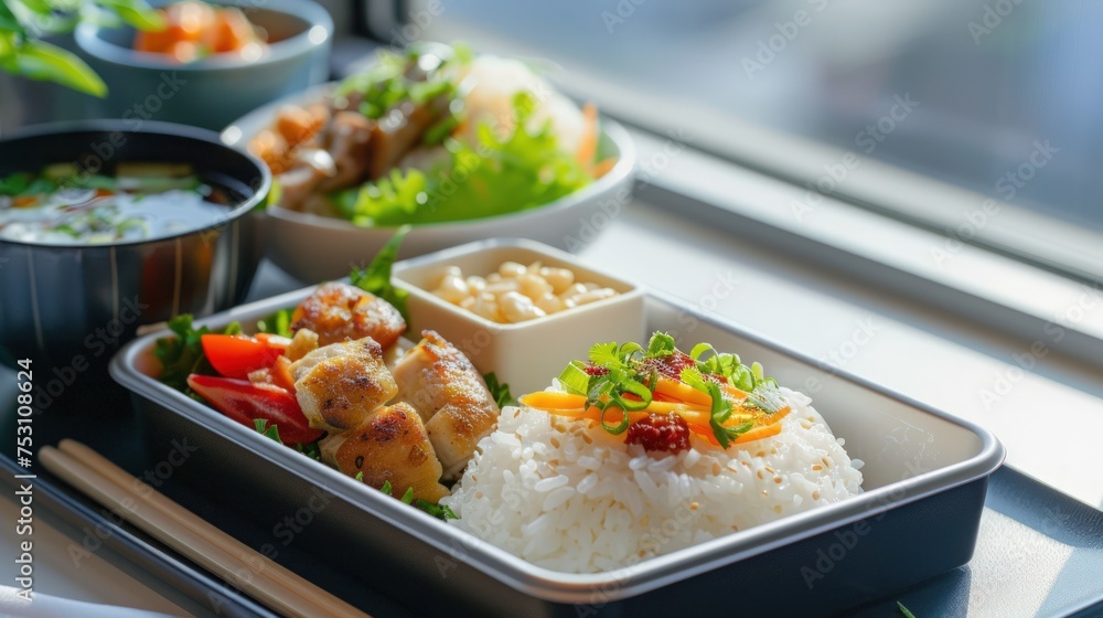Food dishes on board plane rice and curry, Asian cuisine. generative AI ...