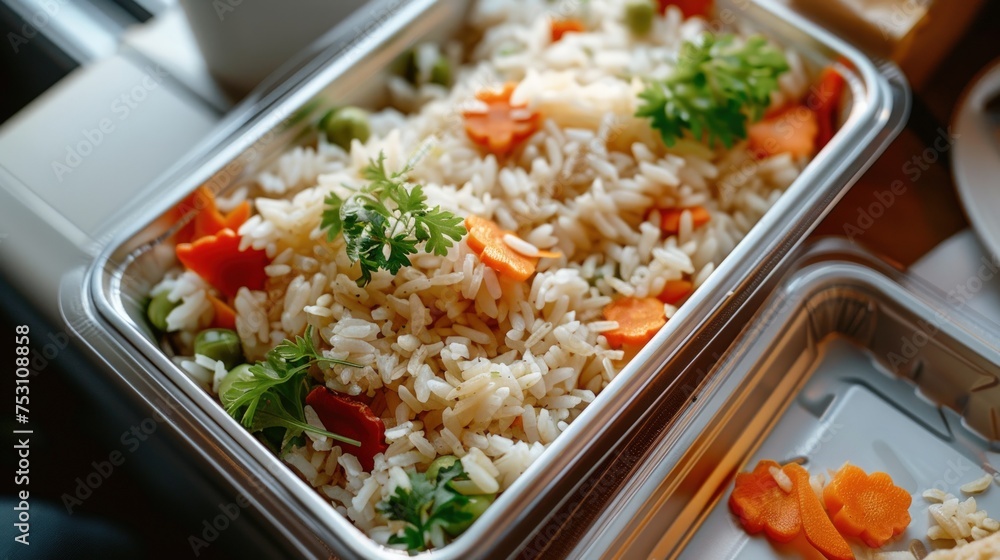 Food dishes on board plane rice and curry, Asian cuisine. generative AI ...