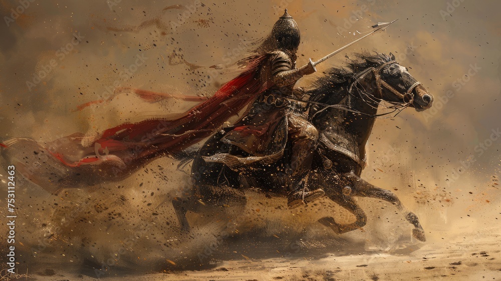 A rider successfully spearing a peg, captured in a moment of triumph ...