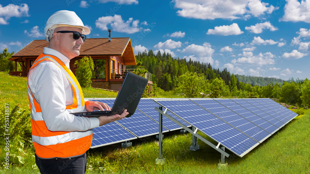 Man adjusts solar panels. Solar power plant engineer. Photovoltaic ...