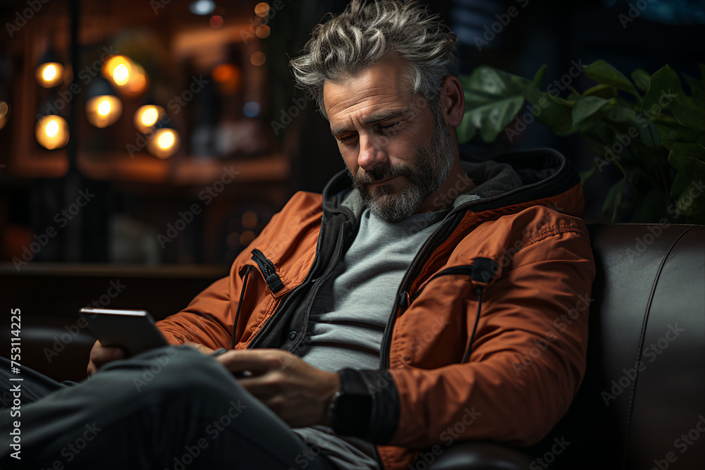 Relaxed person sitting lying sofa browsing laptop smart phone carefree ...