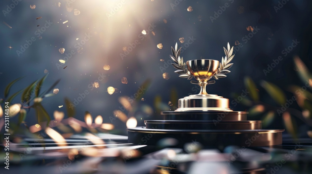 large golden 3d trophy for first place celebration with bokeh ...