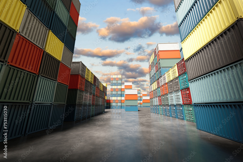 Storage area for cargo containers. Street warehouse on territory harbor ...