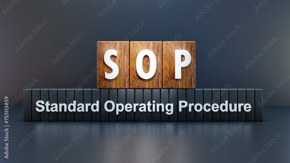 SOP - Standard Operating Procedure on wooden cube, black background ...