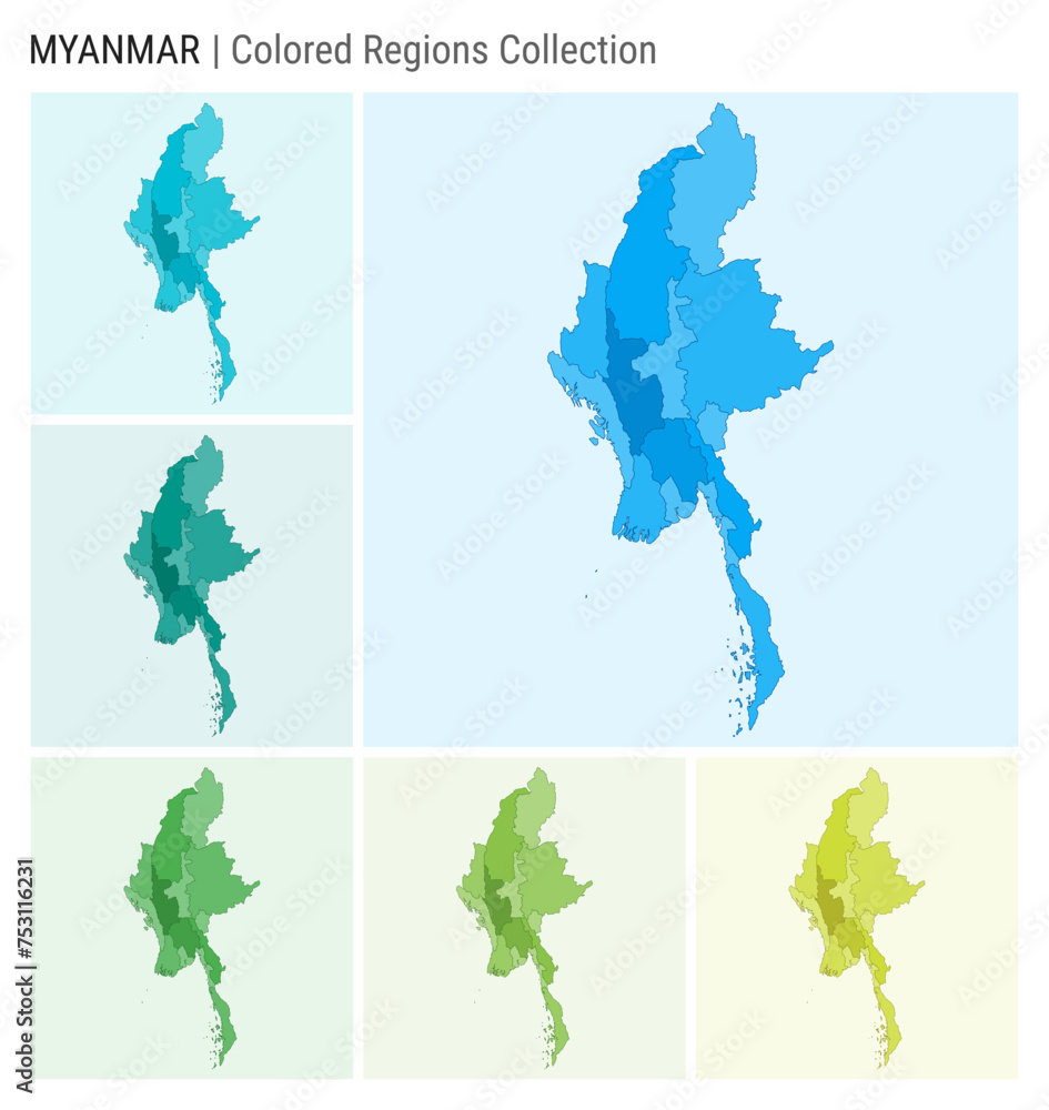 Myanmar map collection. Country shape with colored regions. Light Blue ...