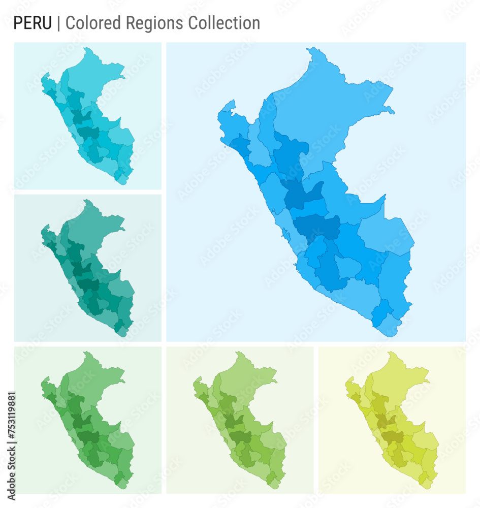 Peru map collection. Country shape with colored regions. Light Blue ...