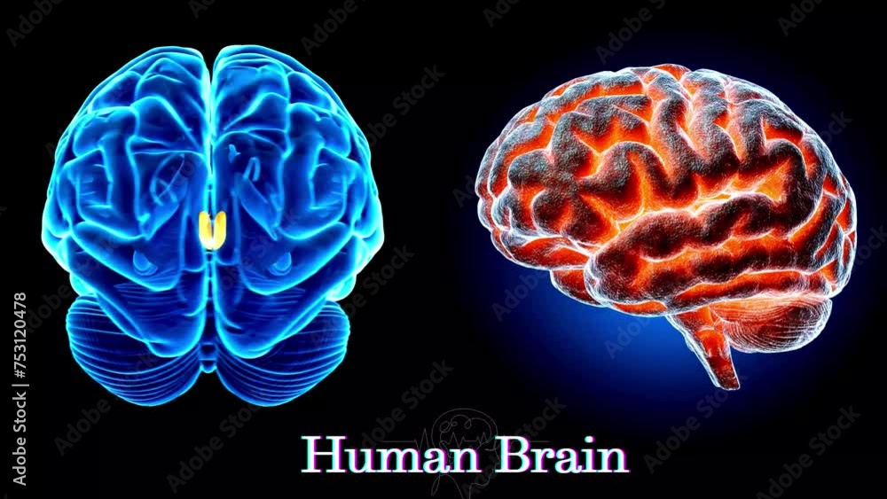 Rotating 360 degree hologram of human brain. Glowing blue light ...