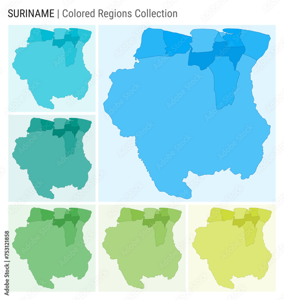 Suriname map collection. Country shape with colored regions. Light Blue ...