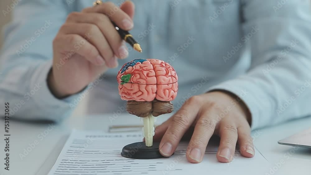 Neurologist hand pointing brain anatomy human model and brain disease ...