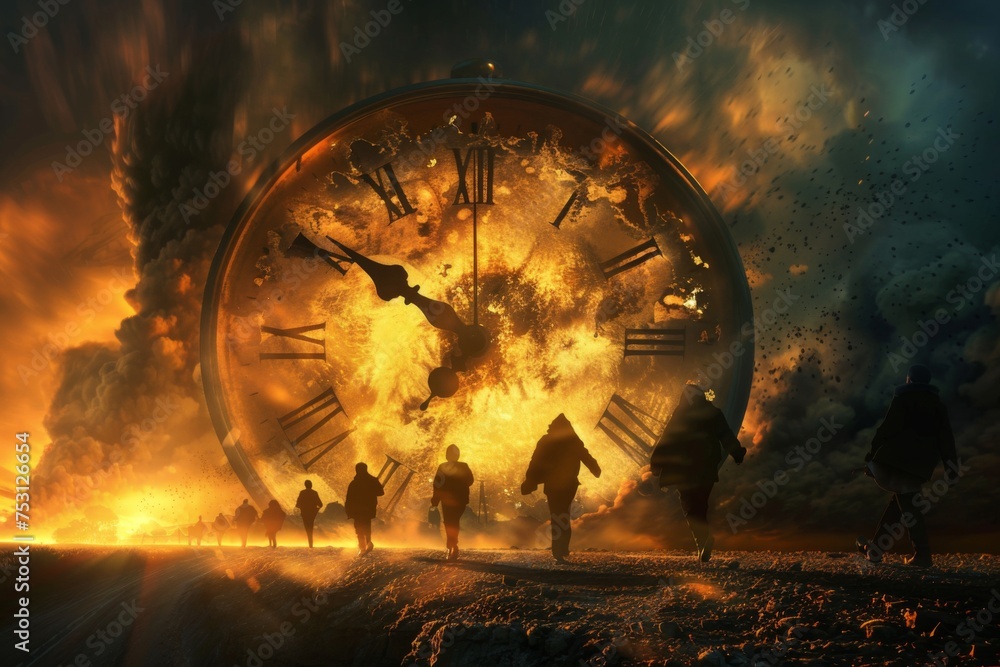 Apocalyptic clock engulfed in flames under stormy sky - A dramatic ...