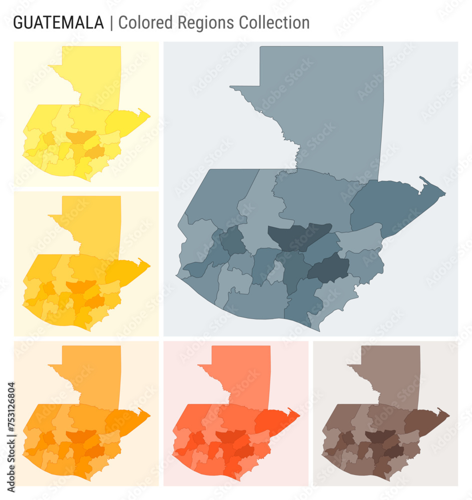 Guatemala map collection. Country shape with colored regions. Blue Grey ...