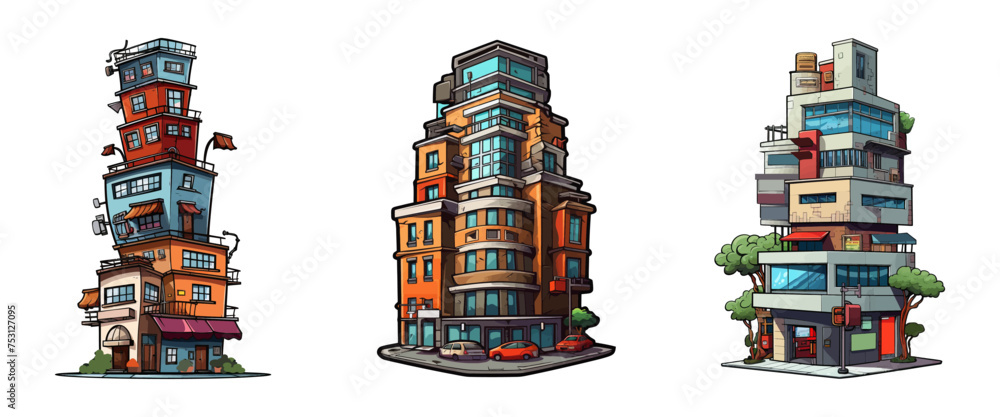 Cartoon Tall Buildings With Windows and Balconies. Cartoon Vector Stock ...