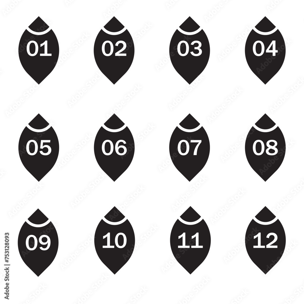 number bullet points from 1 - 12. simple black style symbol sign for ...