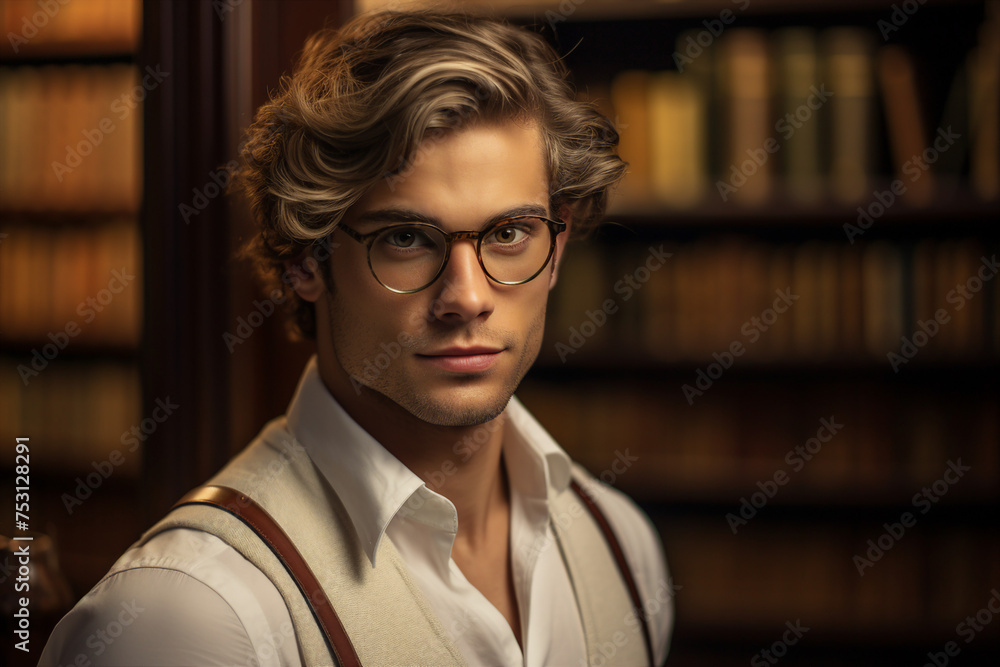 Generative AI photo portrait of young male professor with glasses in a ...