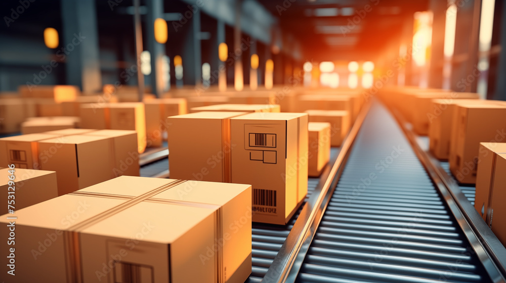 Shipping Boxes And Packages On A Conveyor Belt In A Large Automated ...