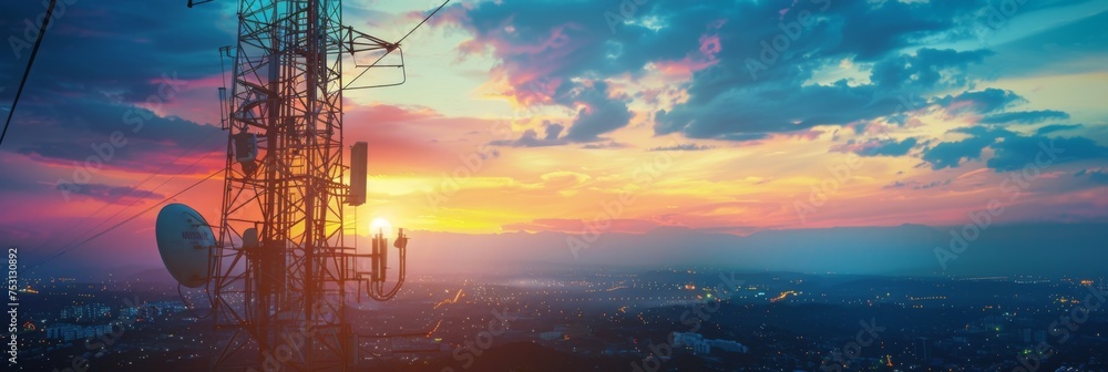Sunset hues behind a silhouette telecommunication tower - A landscape where a tall telecom tower ...