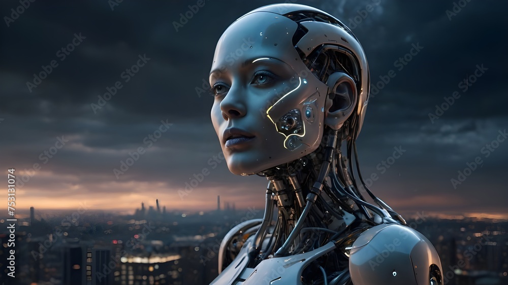 Futuristic Humanoid Robot in a Dystopian Cityscape and Ai and Machine ...