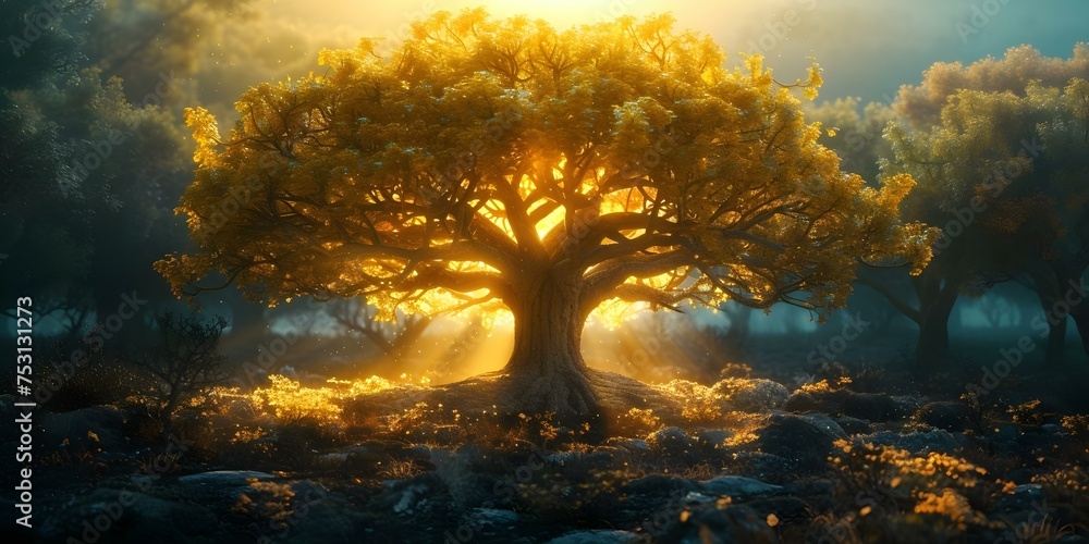 A magnificent luminous tree of life stands tall amidst a dark forest ...