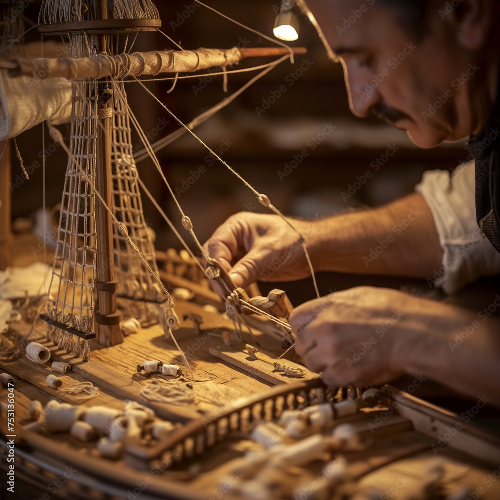 Hands tying rigging on a scale model of an 18th-century sailing ship ...