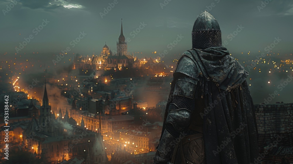 Back view of medieval knight looking at modern city. Time travel ...