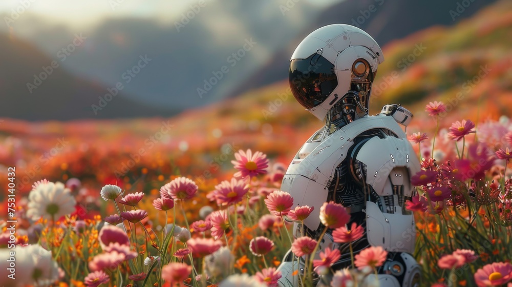 Robot cyborg standing with his back looks at beautiful flower fields landscape background. World ...