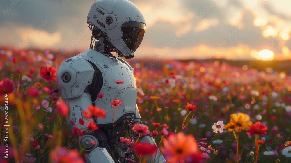 Robot cyborg standing with his back looks at beautiful flower fields landscape background. World ...