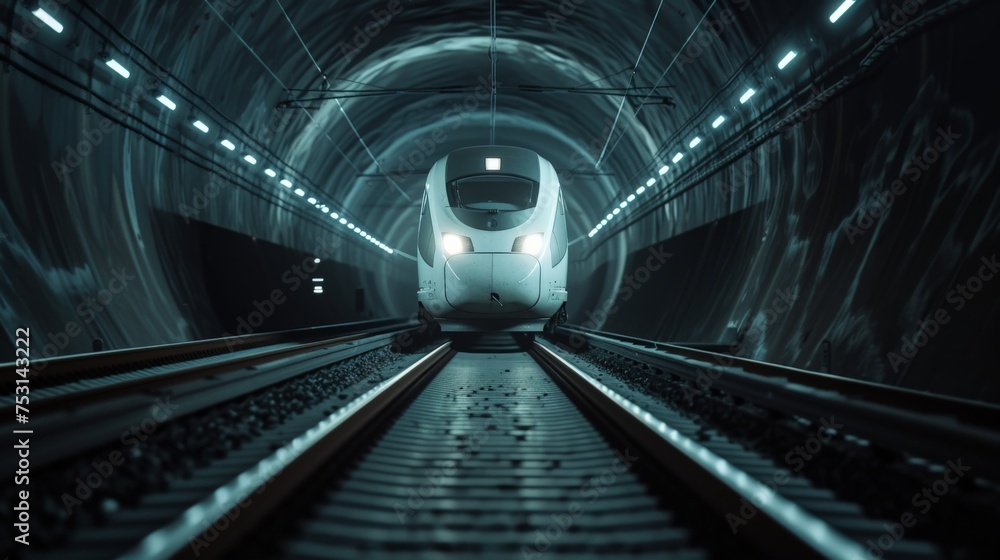 High speed train running inside a dark tunnel, headlights on, cables on ...