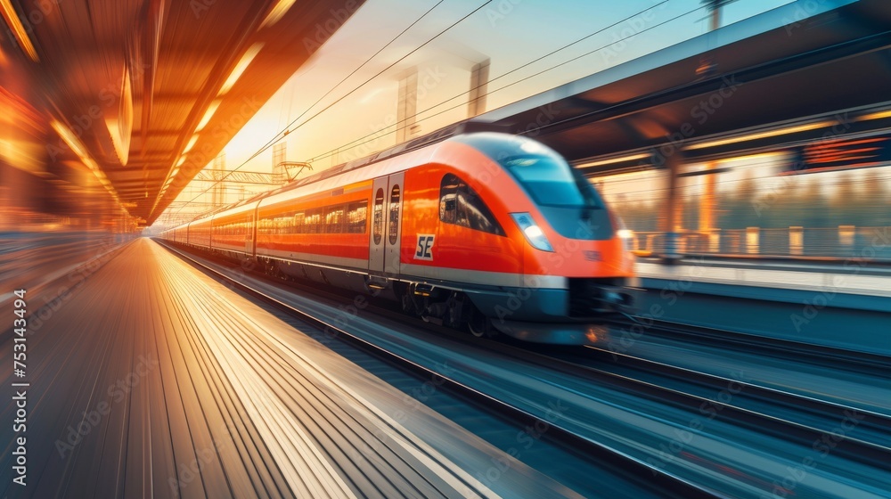 High speed orange train in motion on the railway station at sunset ...
