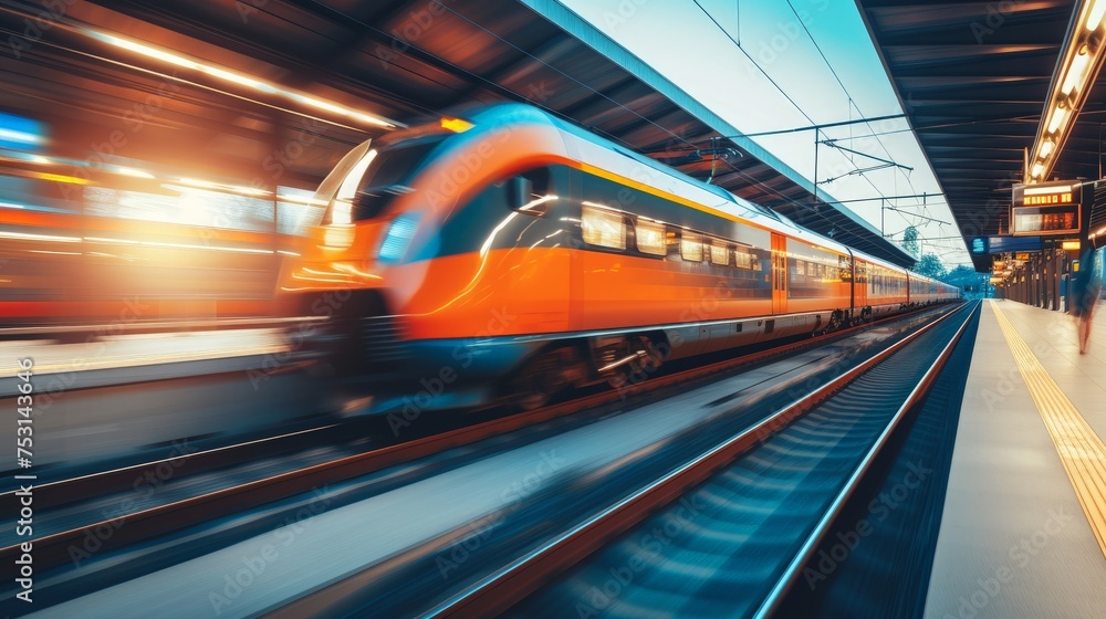 High speed orange train in motion on the railway station at sunset ...