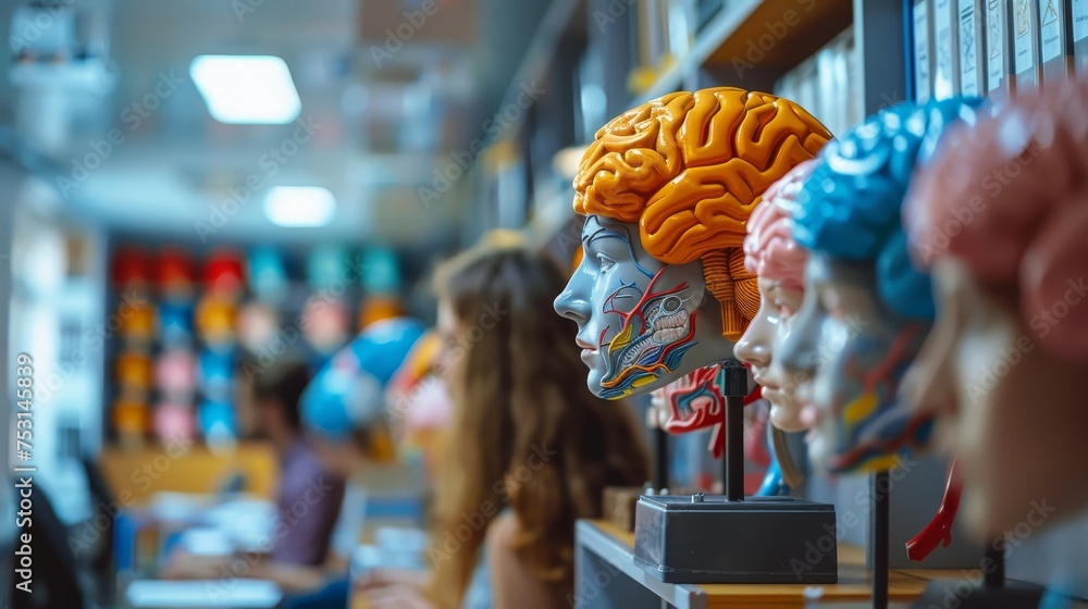 Anatomical models of human brains in focus, with students learning in ...