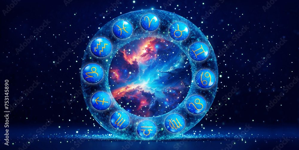 zodiac signs in circle with universe nebula background and stars like ...