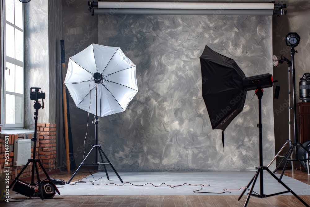 A professional photo studio setup featuring two umbrellas and a camera ...