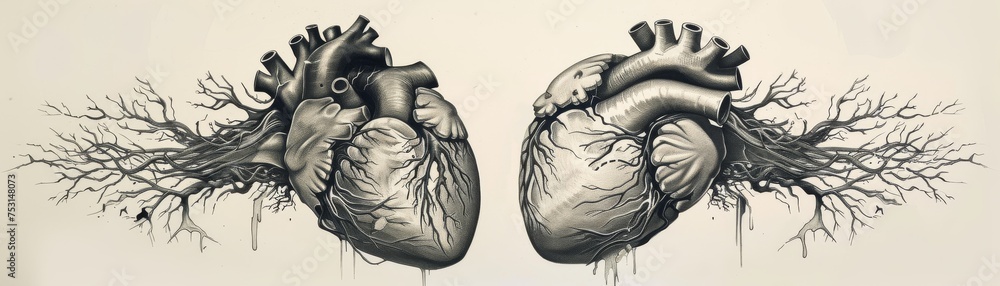 A drawing of two halves of a broken heart becoming separate entities ...