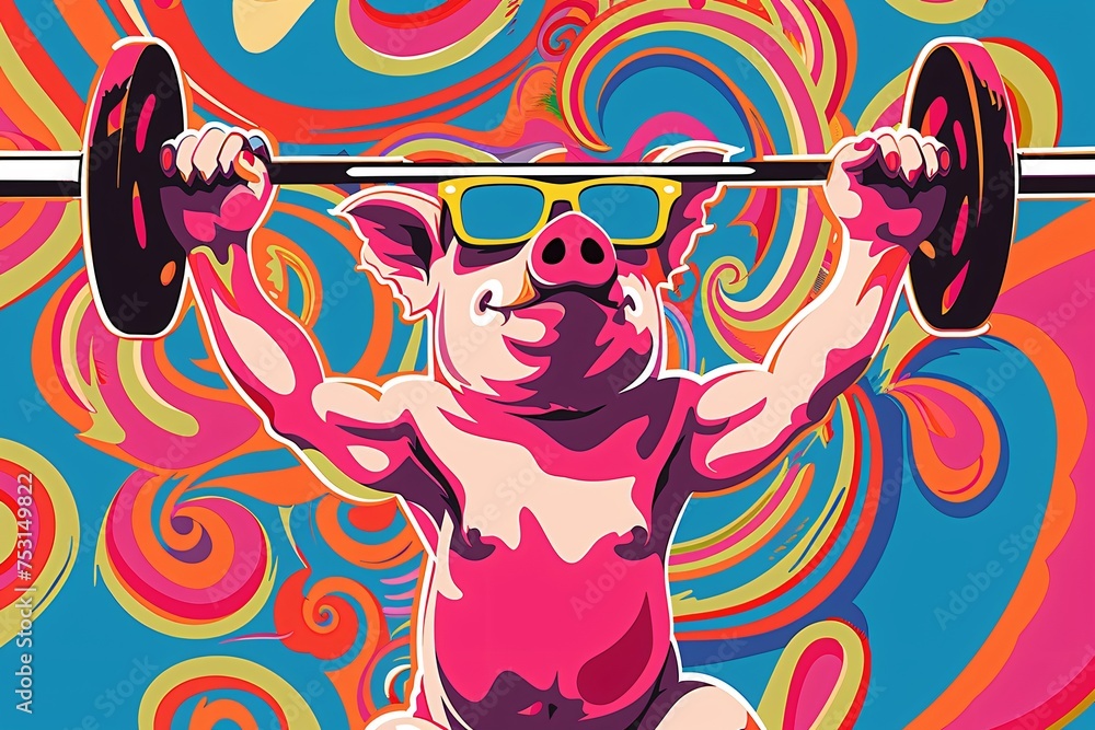 1960s psychedelic poster style illustration of a pig with sunglasses ...