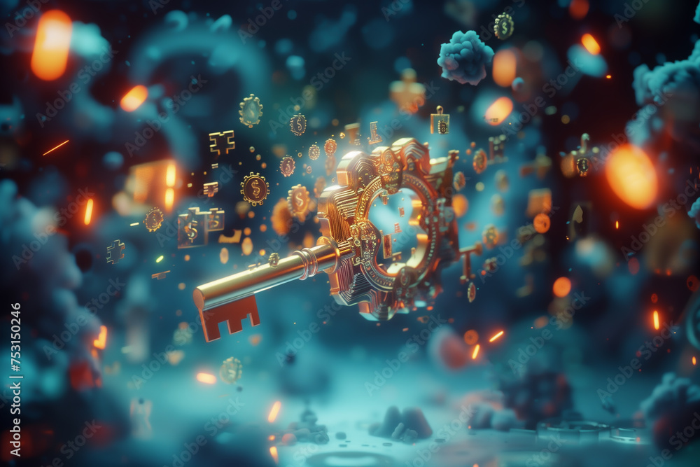 Depict a 3D caricature of keys to success in a blockchain digital world ...