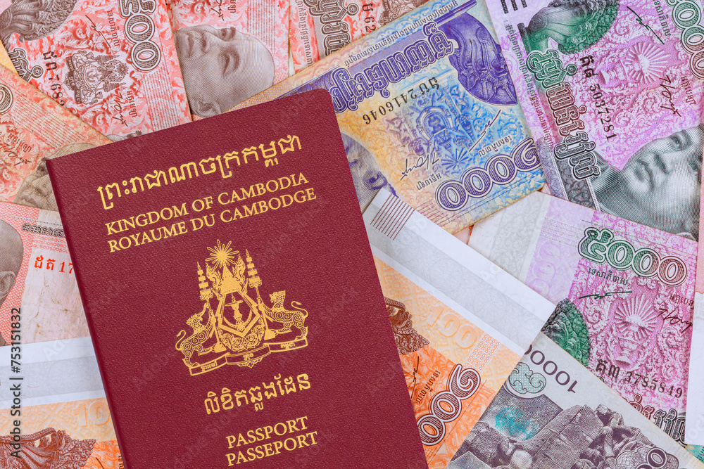 Passport of Kingdom of Cambodia over various nominal currencies ...