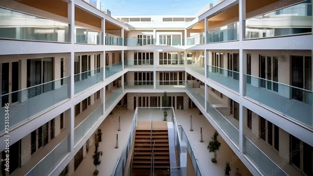 A modern architectural building with round glass facades and an atrium ...