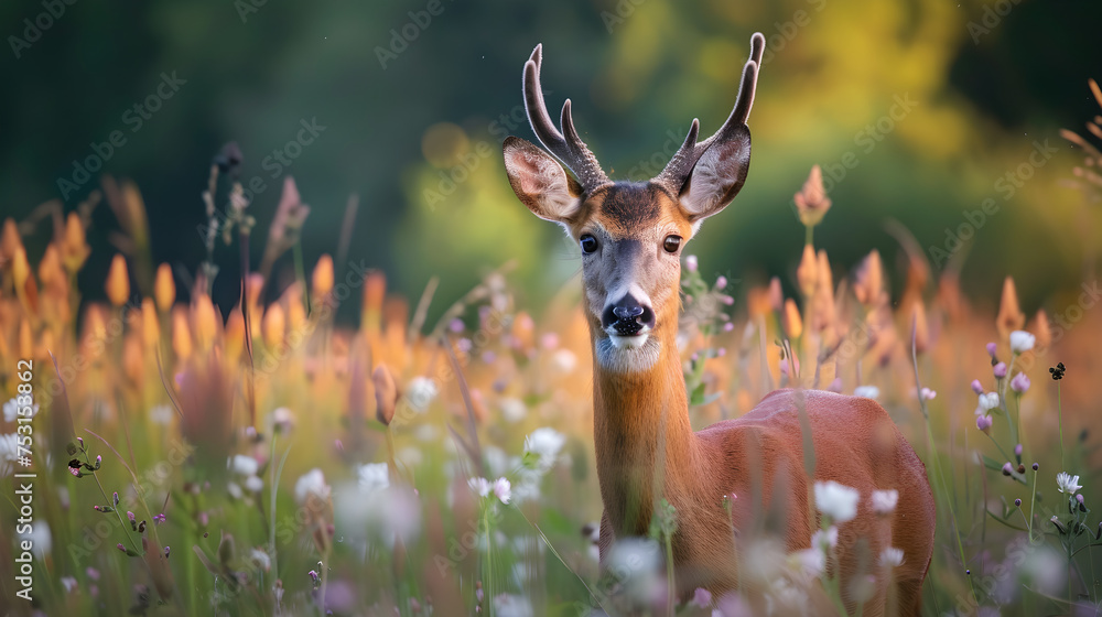 Buck capreolus capreolus in the summertime on a flower filled grassland ...