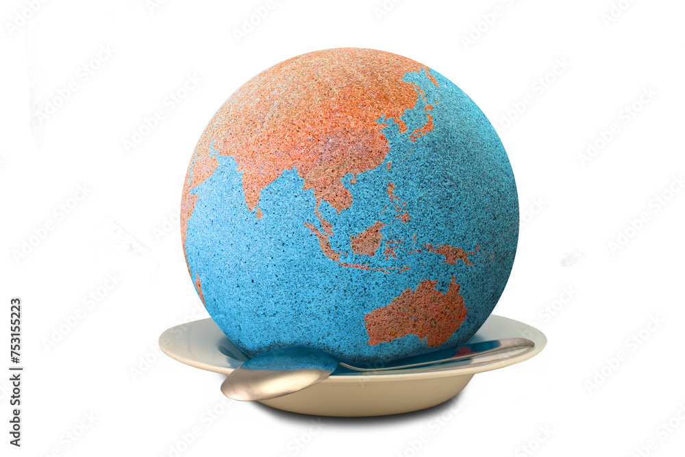 Earth globe inside an empty plate showing Asia and Australia as a ...