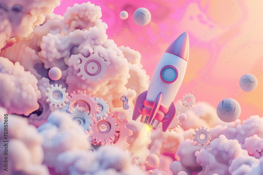 Futuristic 3D scene of explorers in a whimsical pink rocket equipped ...