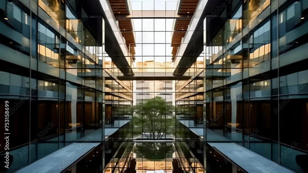 A modern architectural building with round glass facades and an atrium ...