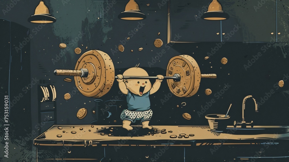 Humorous doodle of a baby lifting a barbell with the weights shaped ...