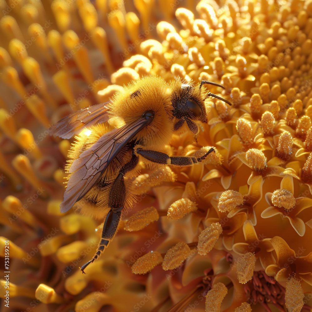 Hyper realistic 3D scene of a microscopic view inside a flower as a bee ...