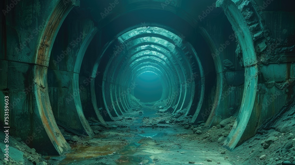 Mysterious and eerie abandoned underground tunnel with a circular ...