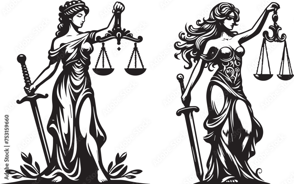 goddess of justice themis, temida with sword and scales, black vector ...