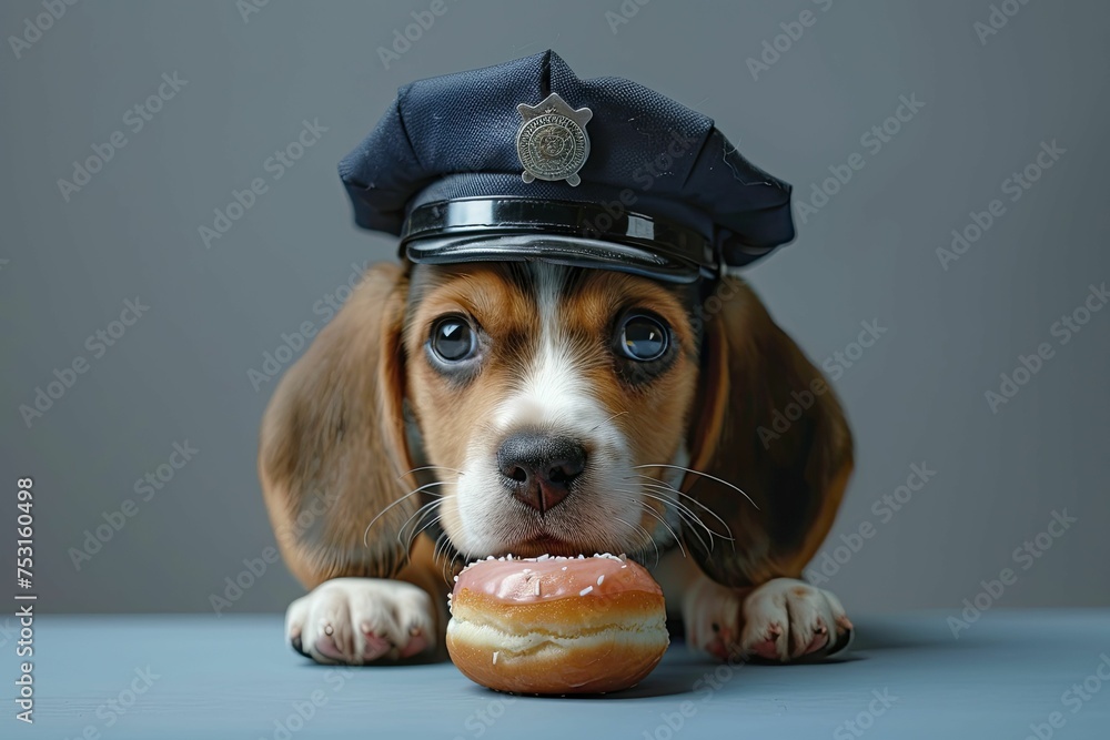 ภาพประกอบสต็อก Beagle puppy wears police uniform, guarding small donut ...