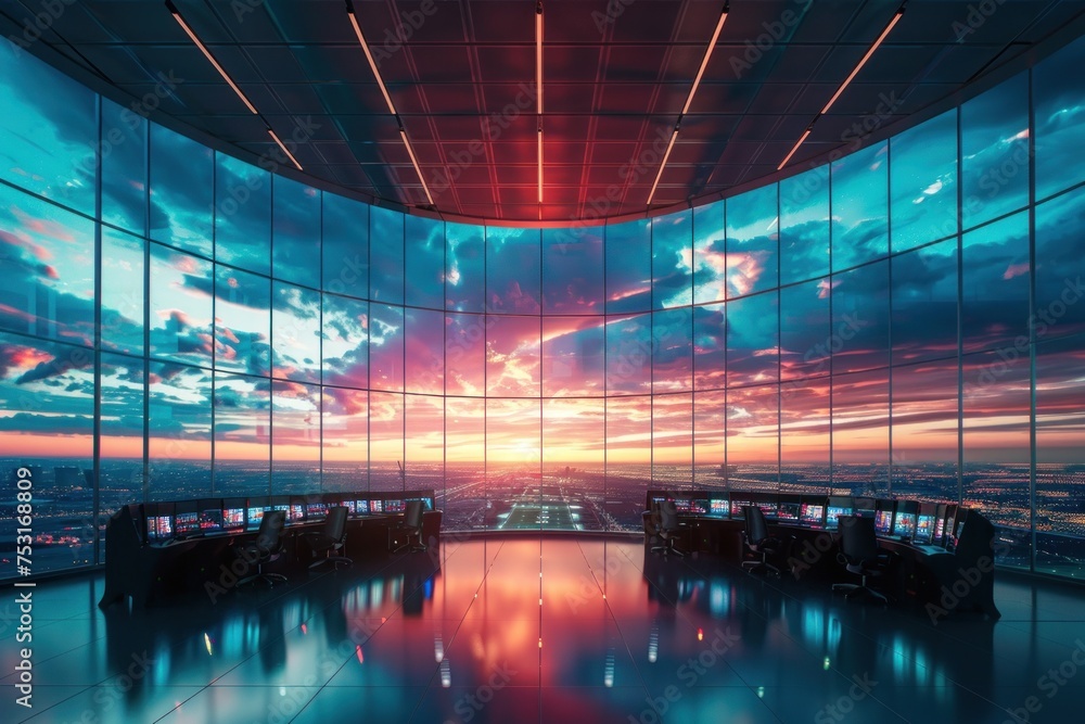 The picture shows a very large room with several big windows, allowing ...