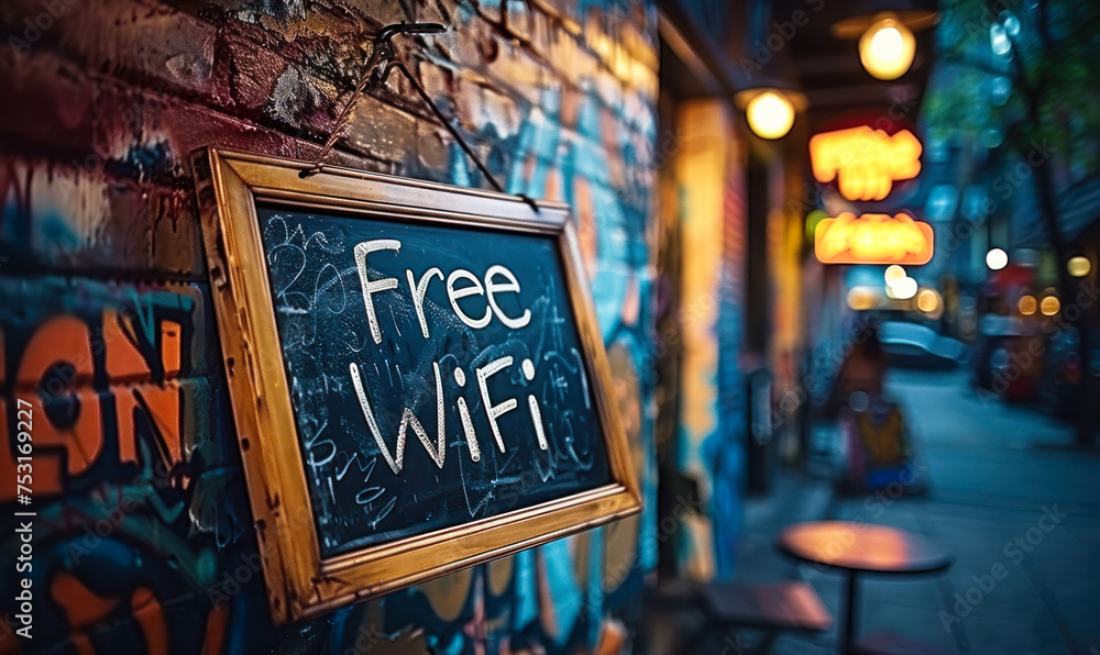 Chalkboard Sign Hanging On A Graffiti Covered Brick Wall In A Night Setting Announcing Free