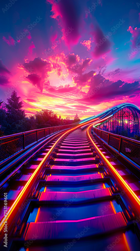 Dynamic roller coaster tracks glowing with neon lights under a vibrant ...